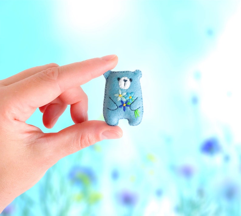 Blue Bear, Mini Teddy Bear, Small Plushie, Embroidered Flowers, Forget ...