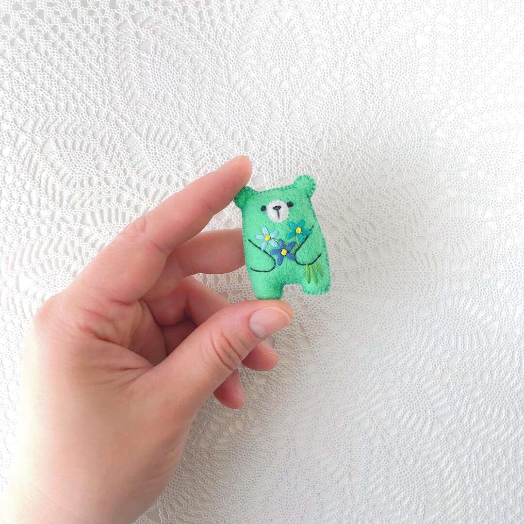 Mini Care Bear, Wool Felt Teddy Bear, Spring Green Floral Plushie ...