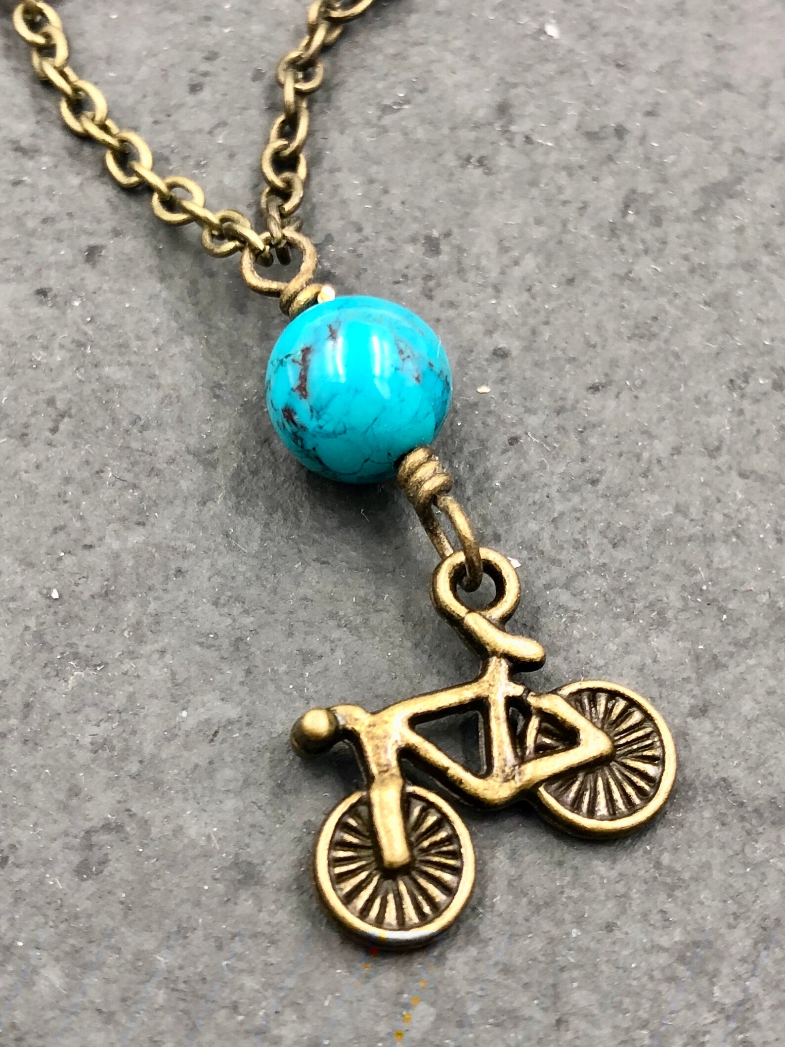 Bronze and Turquoise Bicycle Necklace / Bike Necklace | Etsy