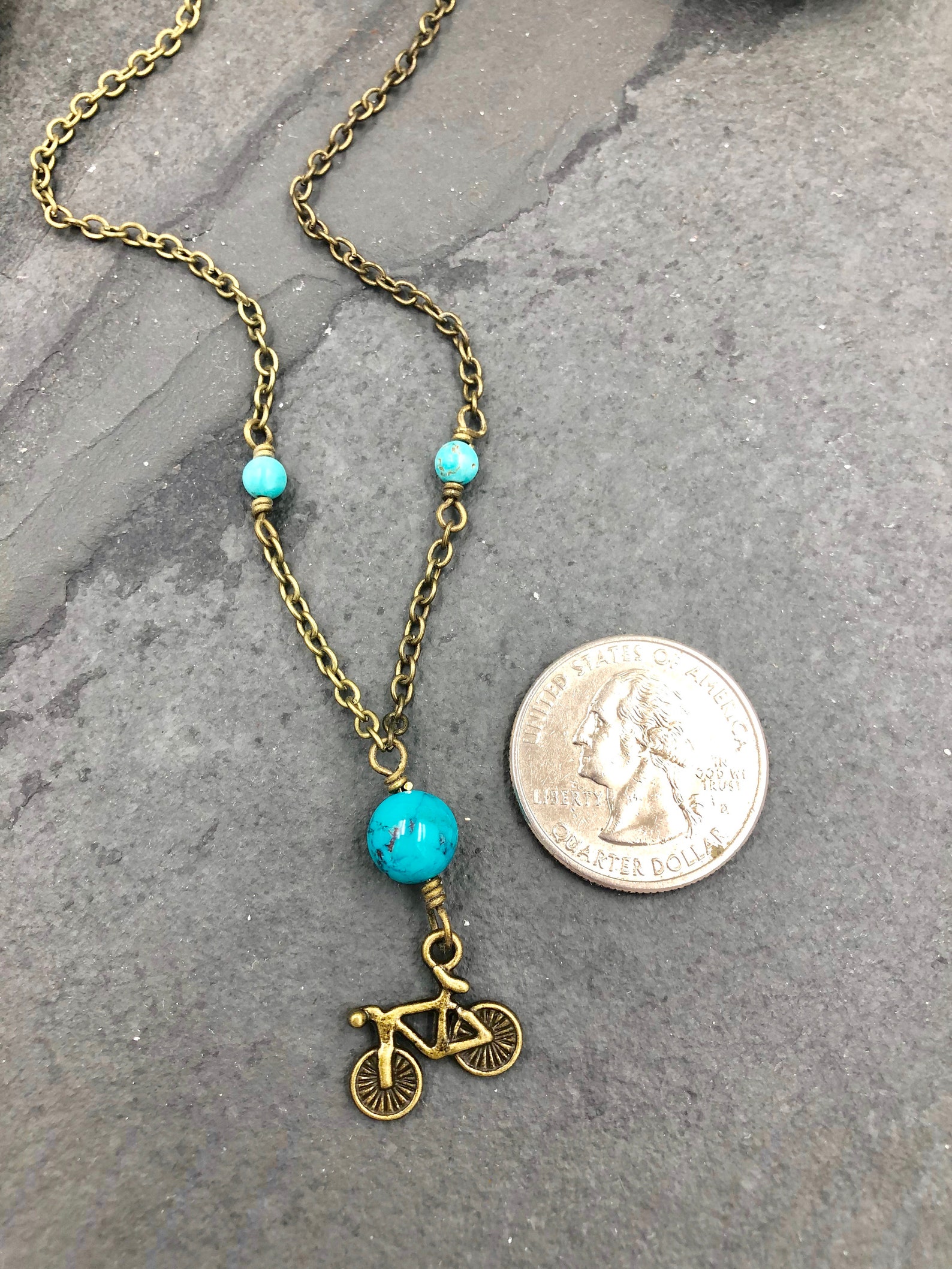 Bronze and Turquoise Bicycle Necklace / Bike Necklace - Etsy