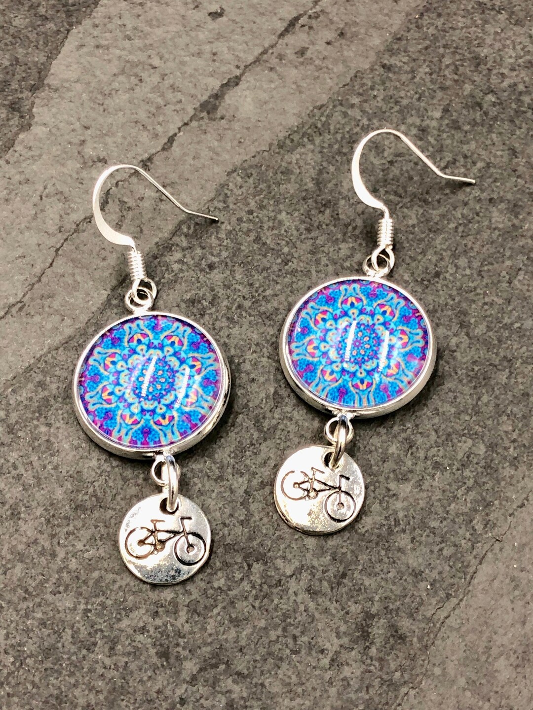 Blue Mandala Bicycle Earrings Mountain Bike Jewelry, Bicycle Jewelry ...