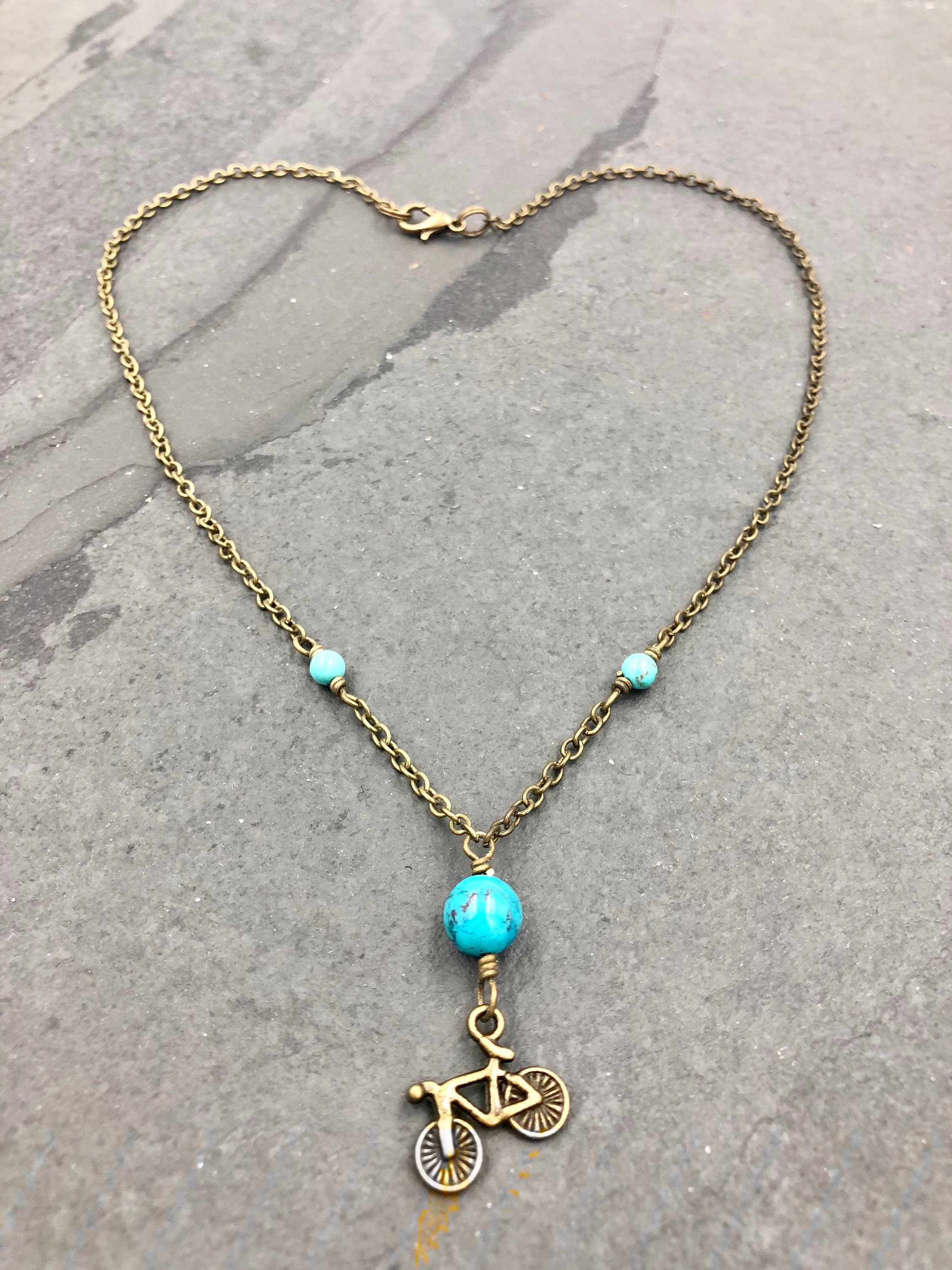 Bronze and Turquoise Bicycle Necklace / Bike Necklace - Etsy