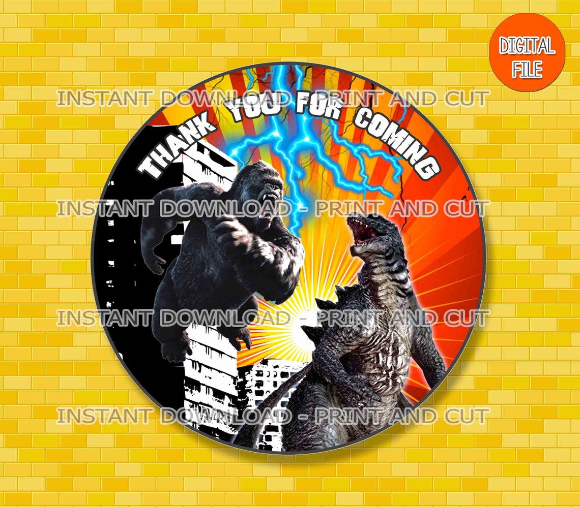 Godzilla Vs Kong Thank You Tag, Godzilla Favor Label, Round Godzilla ...