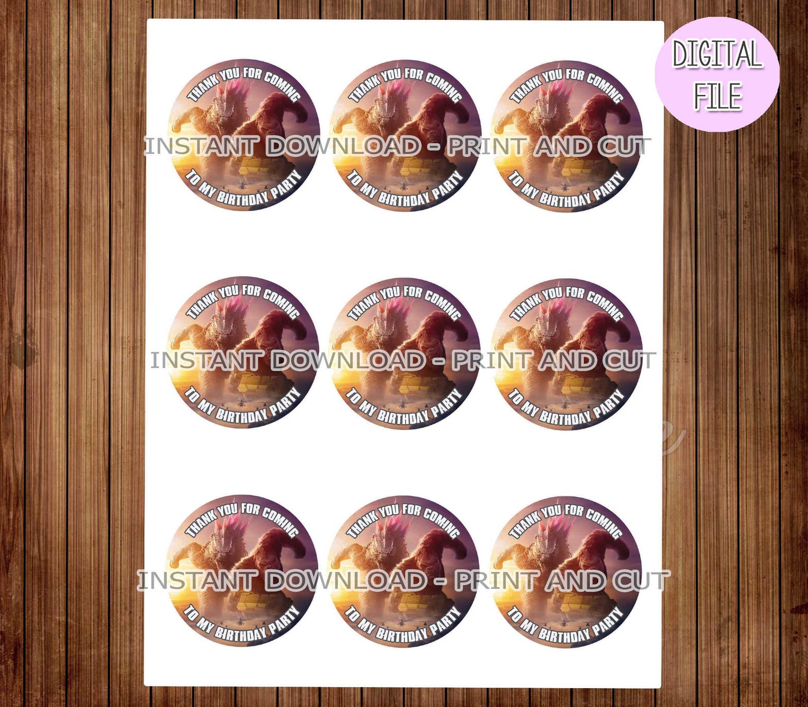 Godzilla Vs Kong Thank You Tag, Godzilla Favor Label, Round Godzilla ...