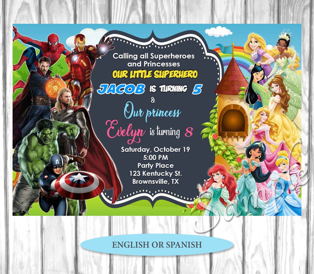 Superheroes and Princesses Printable Birthday Invitation, Superhero ...