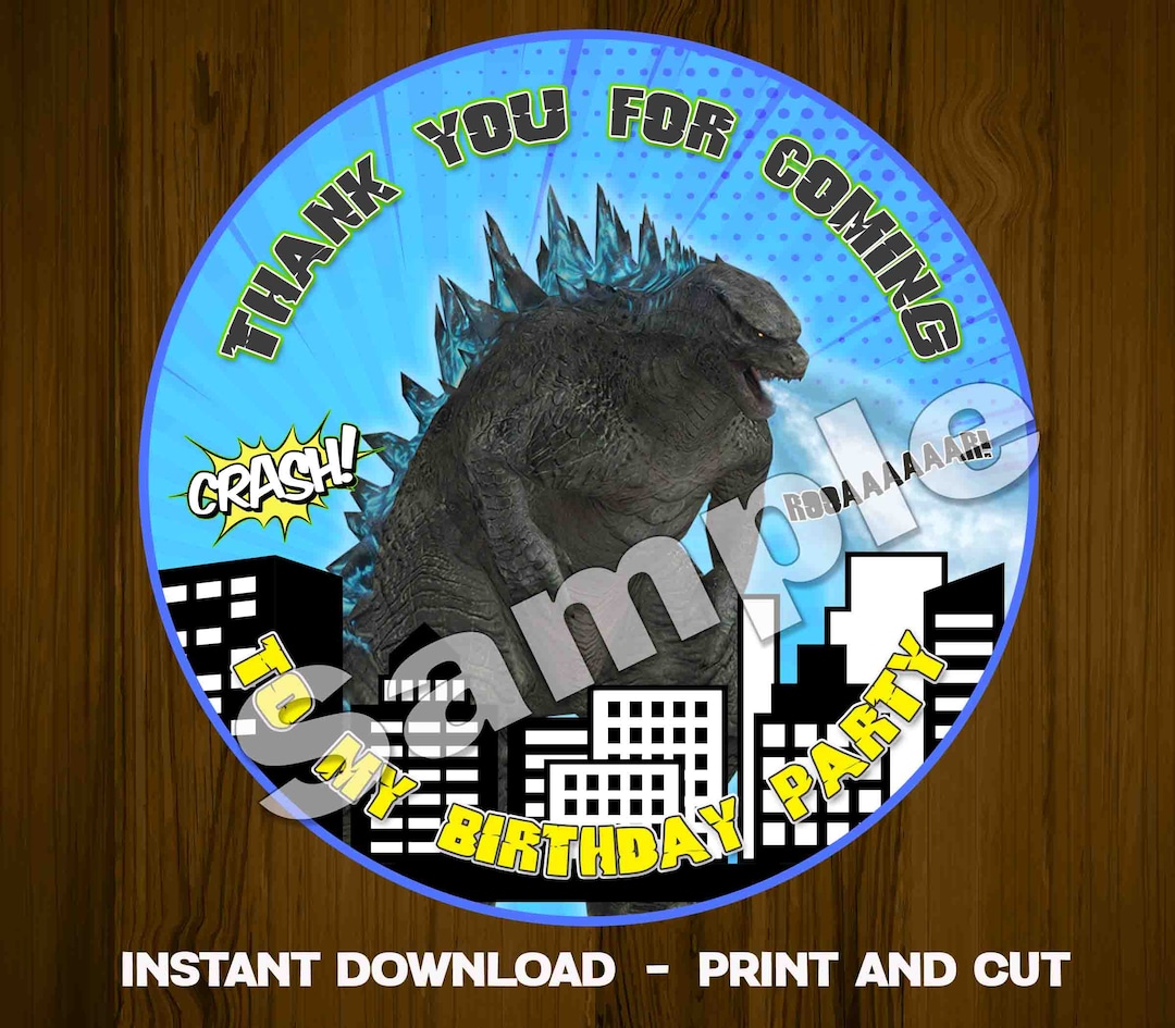 Godzilla Thank You Tag, Godzilla Favor Label, Round Godzilla Label ...