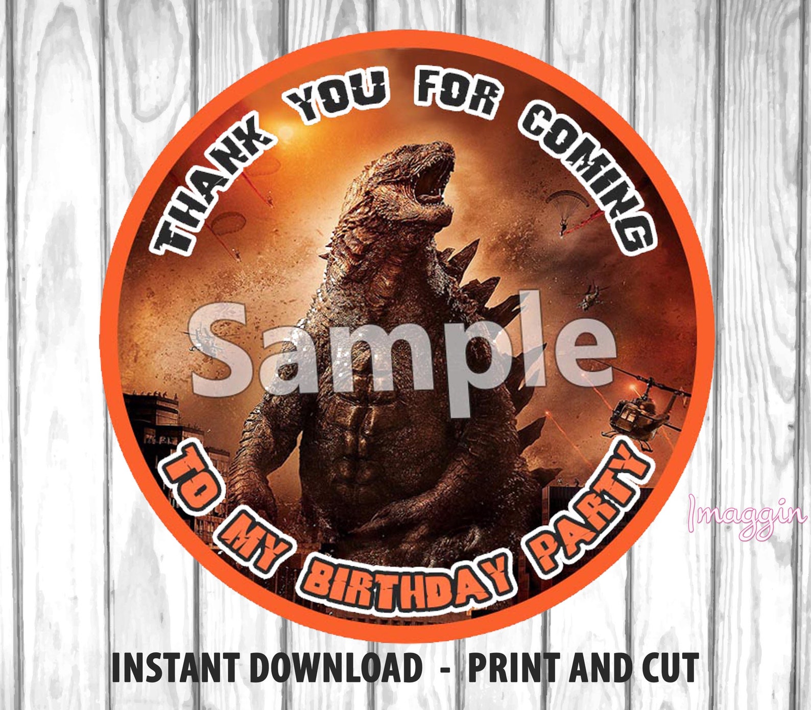 Godzilla Thank You Tag, Godzilla Favor Label, Round Godzilla Label ...