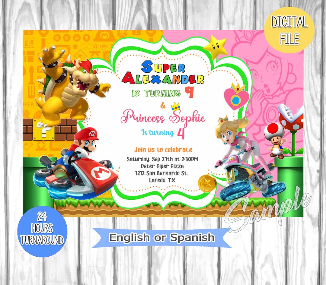 Super Mario Bros Sibling Invite, Mario Bros Invitation, Mario and Peach ...