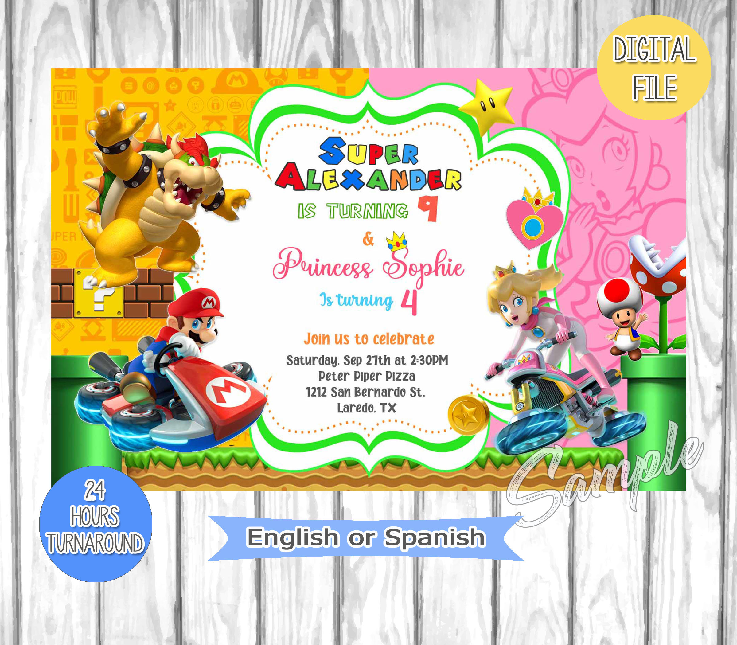 Super Mario Bros Sibling Invite, Mario Bros Invitation, Mario and Peach ...