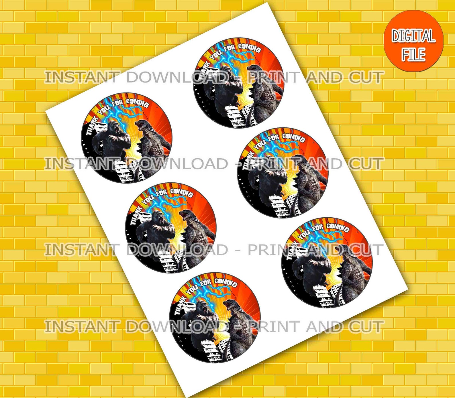 Godzilla Vs Kong Thank You Tag, Godzilla Favor Label, Round Godzilla ...