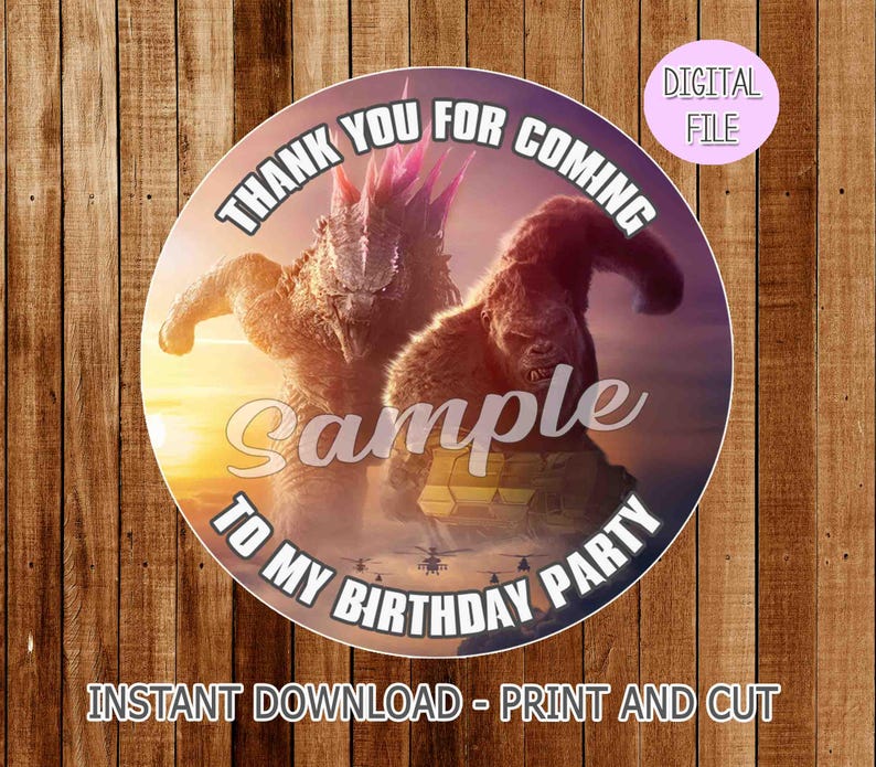 Godzilla Vs Kong Thank You Tag, Godzilla Favor Label, Round Godzilla ...