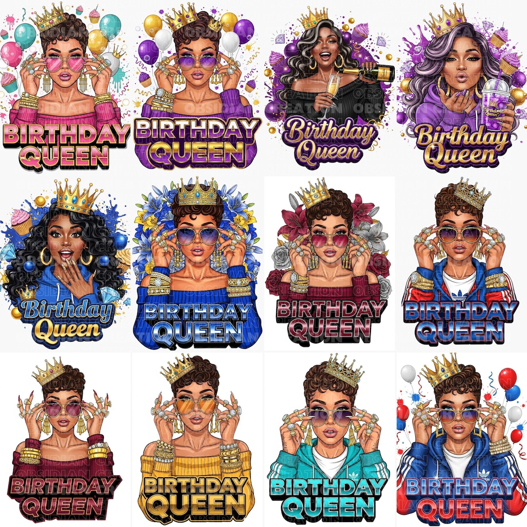 Birthday Queen Diva PNG Bundle | 12 Glamorous Birthday Clipart | Black ...