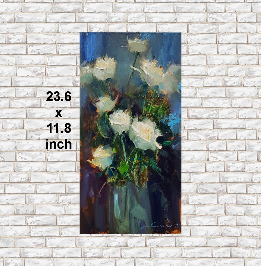 White Rose Oil Painting Vertical, Impressionist Flower Painting ...