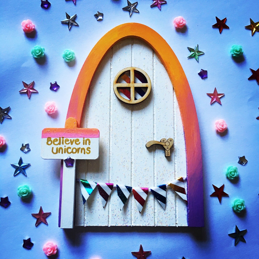 Magical Unicorn Door. Hand Painted White, Glitter and Rainbow Miniature ...