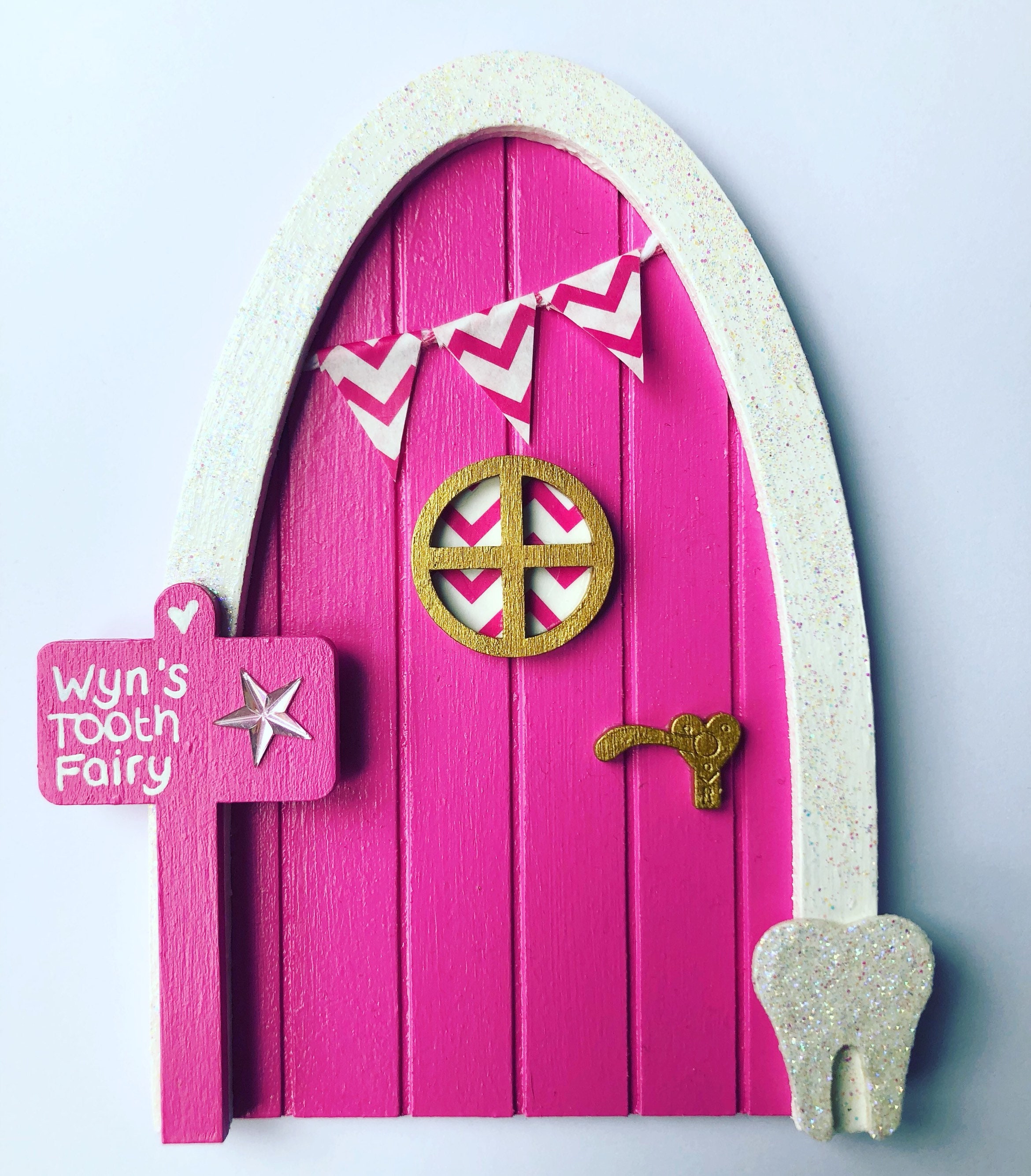White Glitter Tooth, Tooth Fairy Doors With Personalised Sign Post and ...