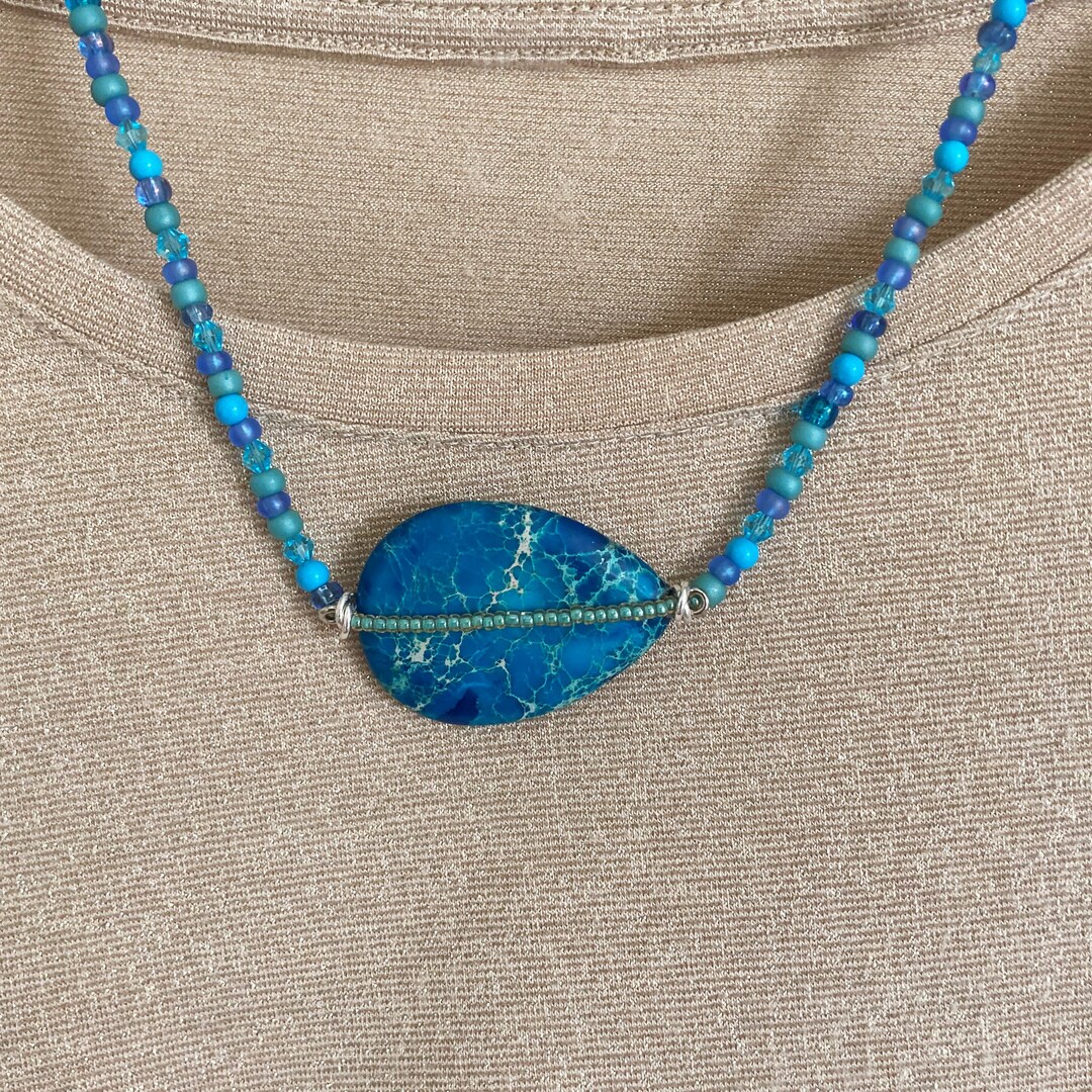 Blue Variscite Jasper Teardrop Beaded Necklace, Blue Green Aqua, Beachy ...