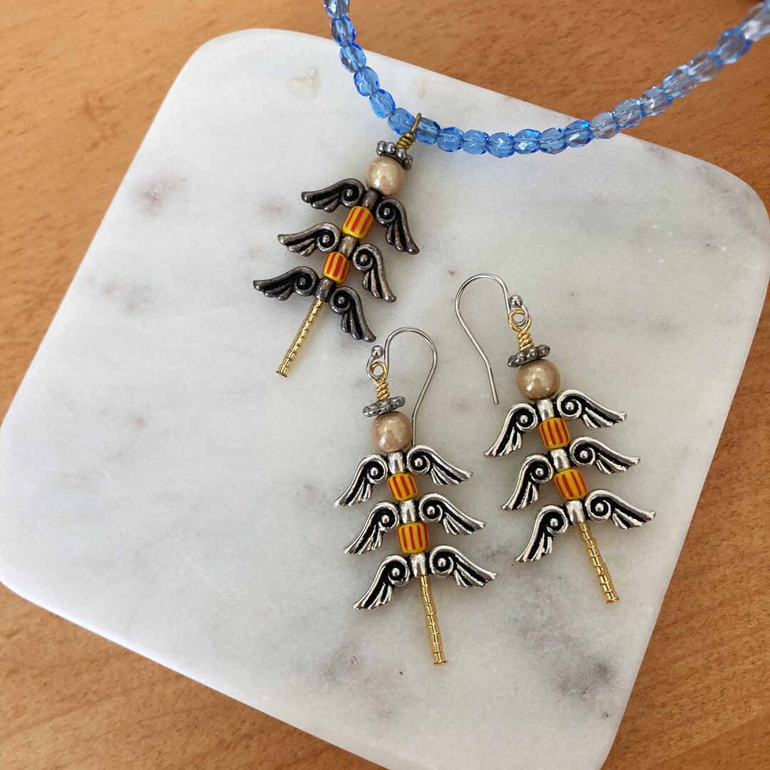 Angel Necklace and Earrings, Seraphim Six Winged Angel Set, Blue Beaded ...