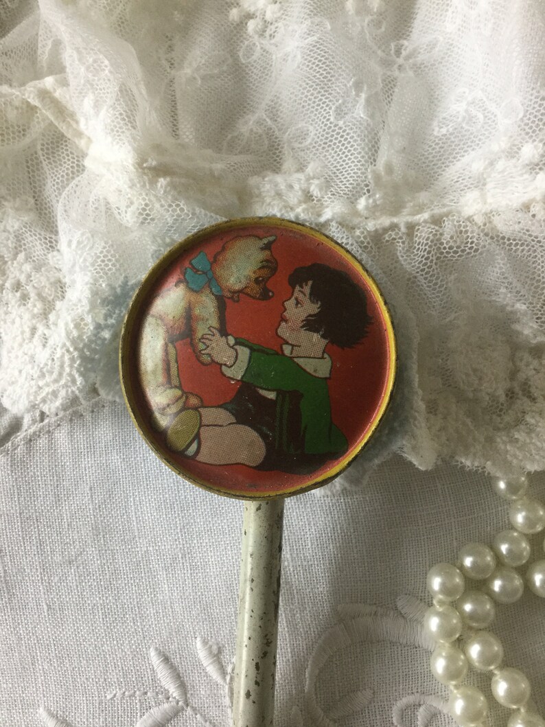 Rarity! Antique Baby Rattle White Red Blue Green Bear Tin Toy Toy ...