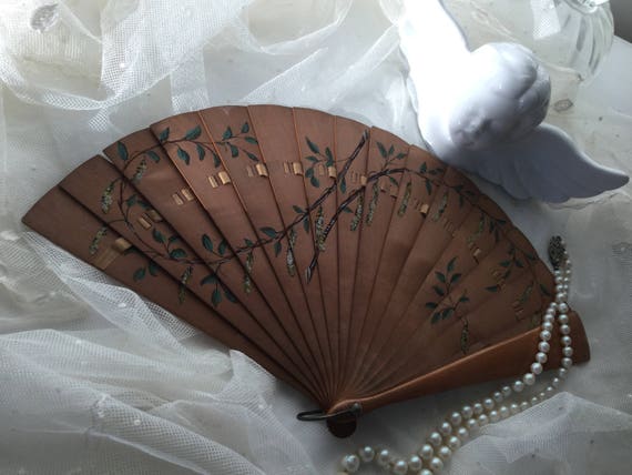 Antique Edwardian Fan Dance Class Fan Wooden Fan*Brow… - Gem