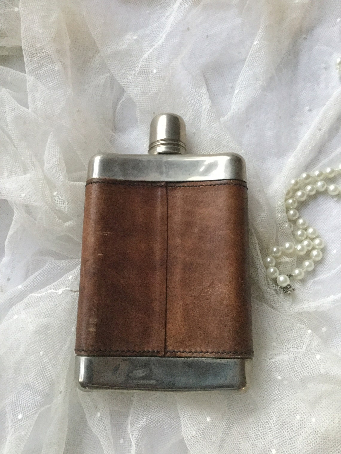 Antique English Flask Silver Leather 19th Century Decoration Edwardian ...