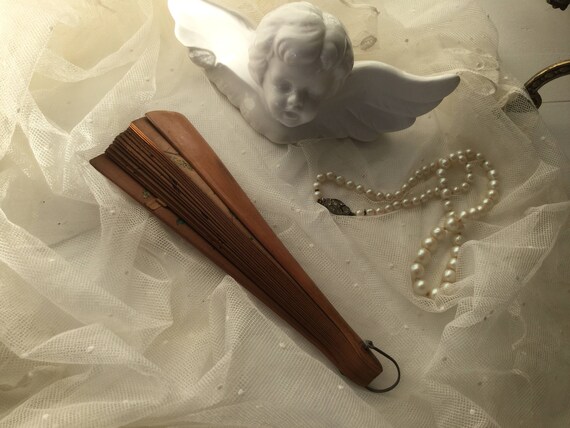 Antique Edwardian Fan Dance Class Fan Wooden Fan*Brow… - Gem