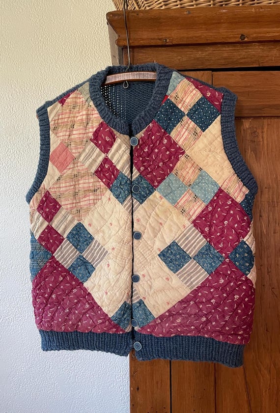 Vintage Quilt Vest Patchwork Handmade Knit Sweater 19… - Gem
