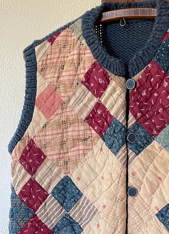 Vintage Quilt Vest Patchwork Handmade Knit Sweater 19… - Gem