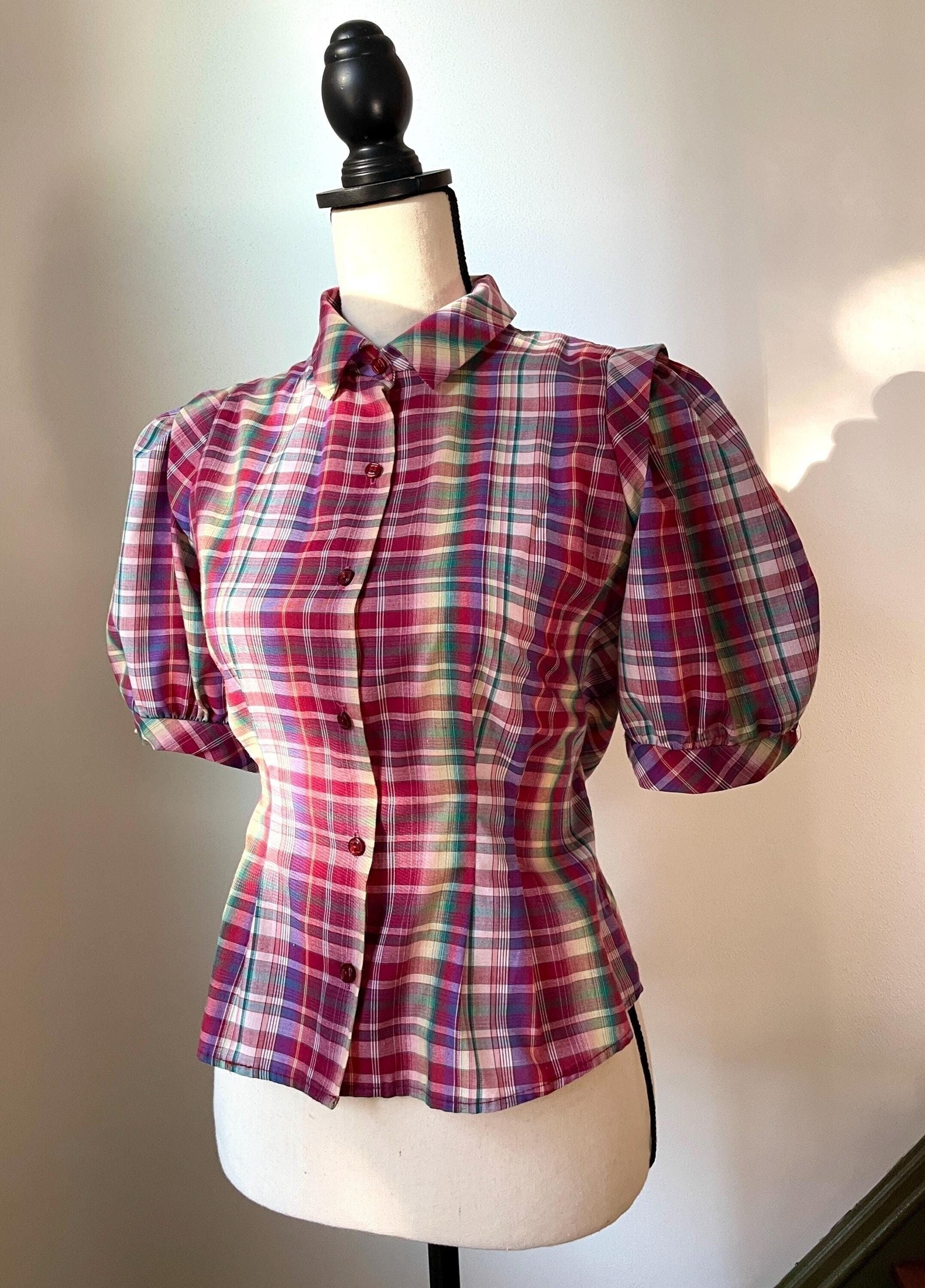 Vintage 1970s Plaid Puff Sleeve Blouse Fitted Waist Women's Spring ...