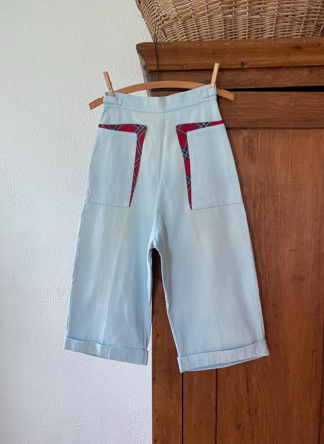 1940s Sun Faded Pants Wide Leg Plaid Trim Side Buckle - Etsy