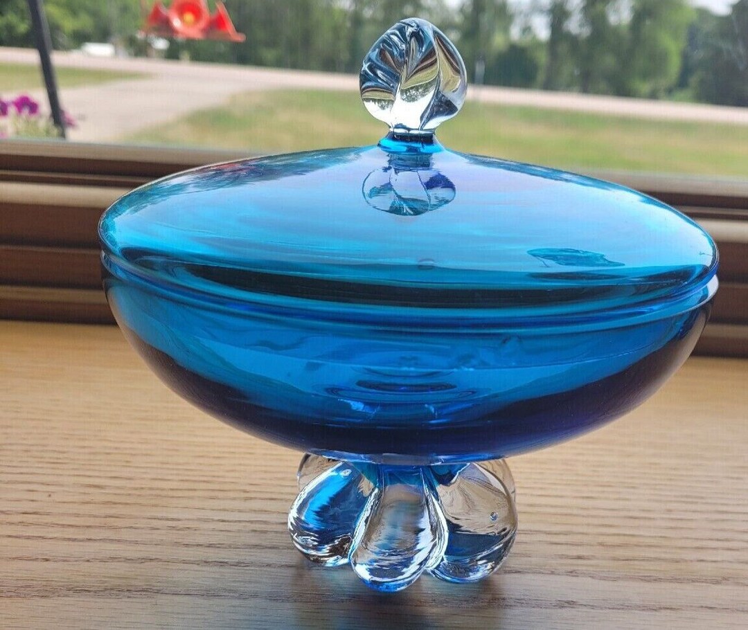 Bo Borgstrom Aseda Glasbruk Sweden Vintage Blue & Clear Pedestal Footed ...