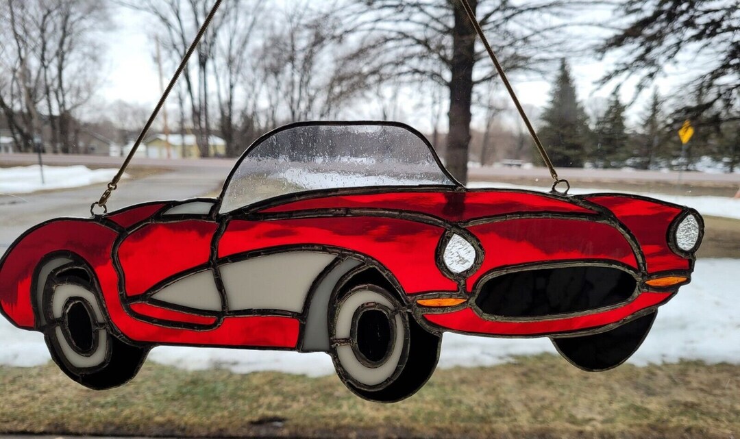 Vintage Stained Glass Handmade Suncatcher Leaded Vintage Corvette ...