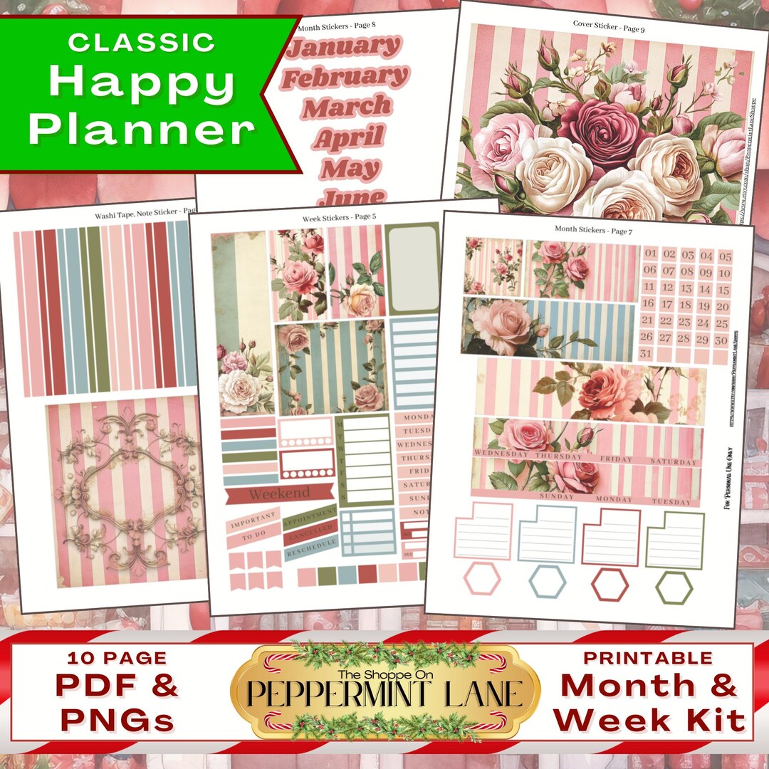 Shabby Chic Roses Classic Happy Planner Vertical Week and Month Sticker ...