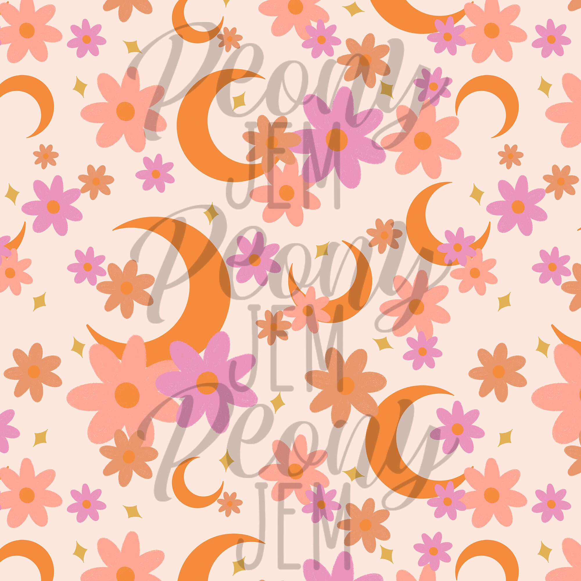 Moon seamless design // luna design // retro floral // | Etsy