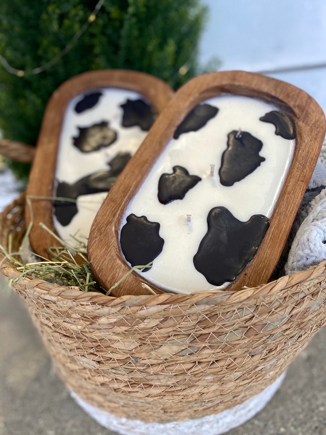 Cow Print Candle, Wood Bowl Candle, Dough Bowl Candle, Farmhouse Candle ...