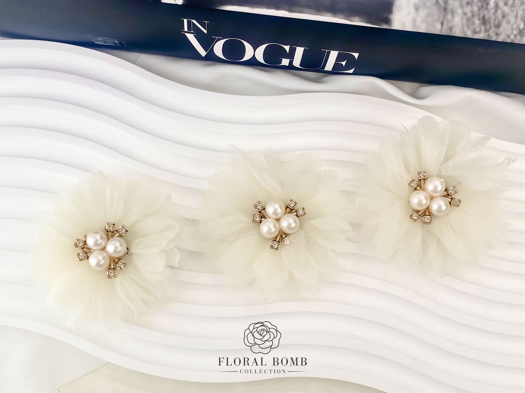 Ivory Chiffon Flower Clips Set of 3 Flower Clips Middle Rhinestone ...
