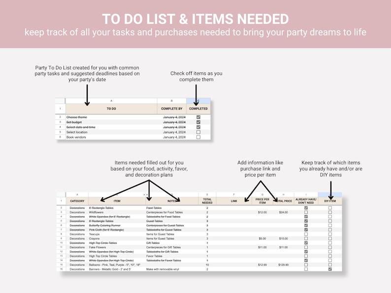 Complete Birthday Party Planner Spreadsheet, Party Expense Tracker ...