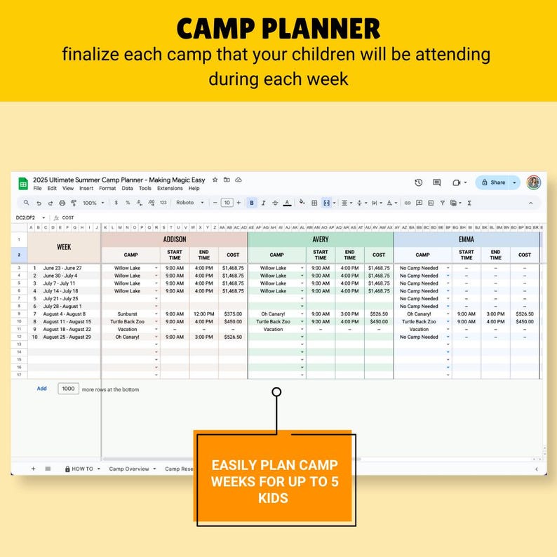 Ultimate Summer Camp Planner Spreadsheet, Camp Expense Tracker, Digital ...