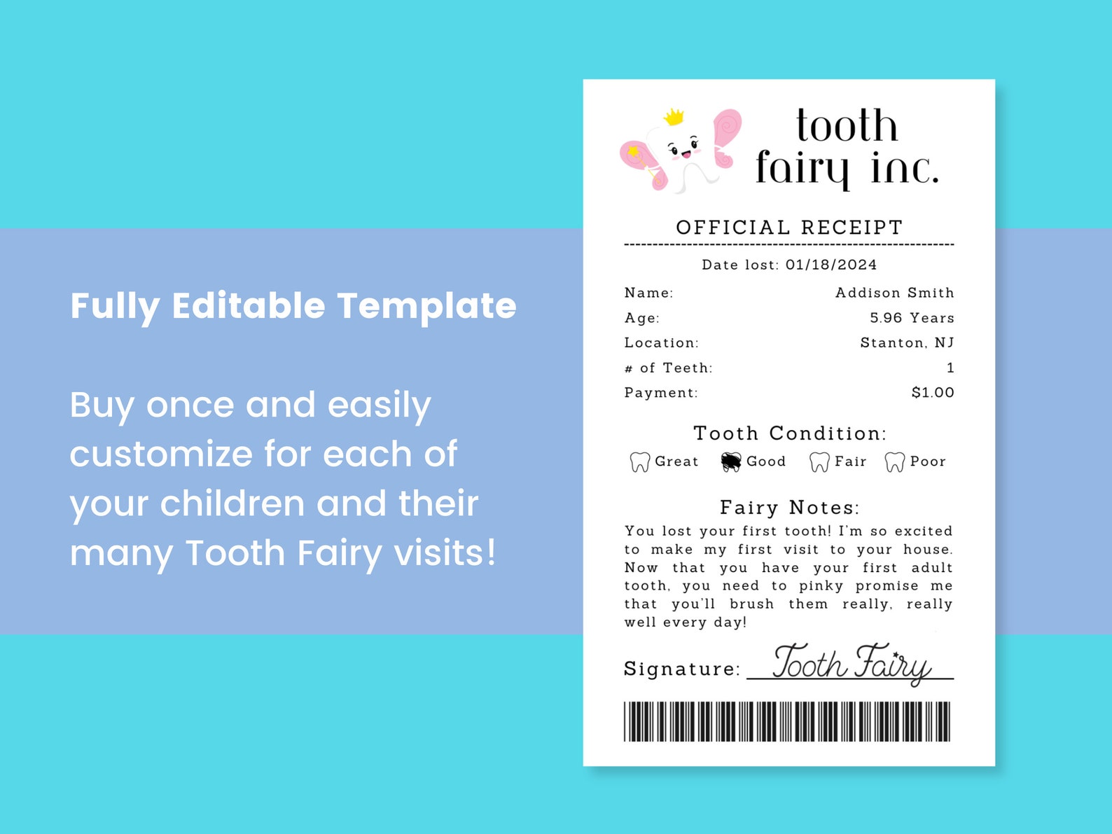 EDITABLE Tooth Fairy Receipt Template, Printable Certificate, Kids ...