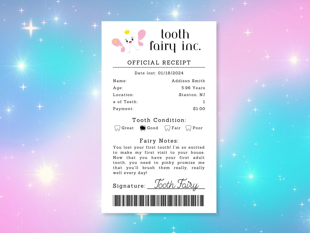 EDITABLE Tooth Fairy Receipt Template, Printable Certificate, Kids ...