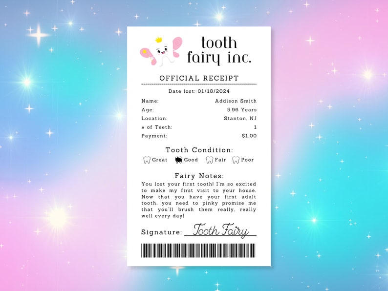 EDITABLE Tooth Fairy Receipt Template, Printable Certificate, Kids ...