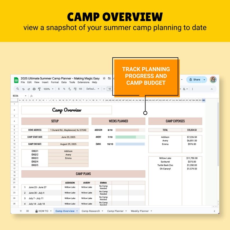 Ultimate Summer Camp Planner Spreadsheet, Camp Expense Tracker, Digital ...