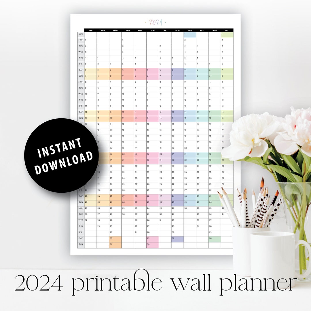 2024 School Wall Planner Printable Portrait Calendar Rainbow School ...
