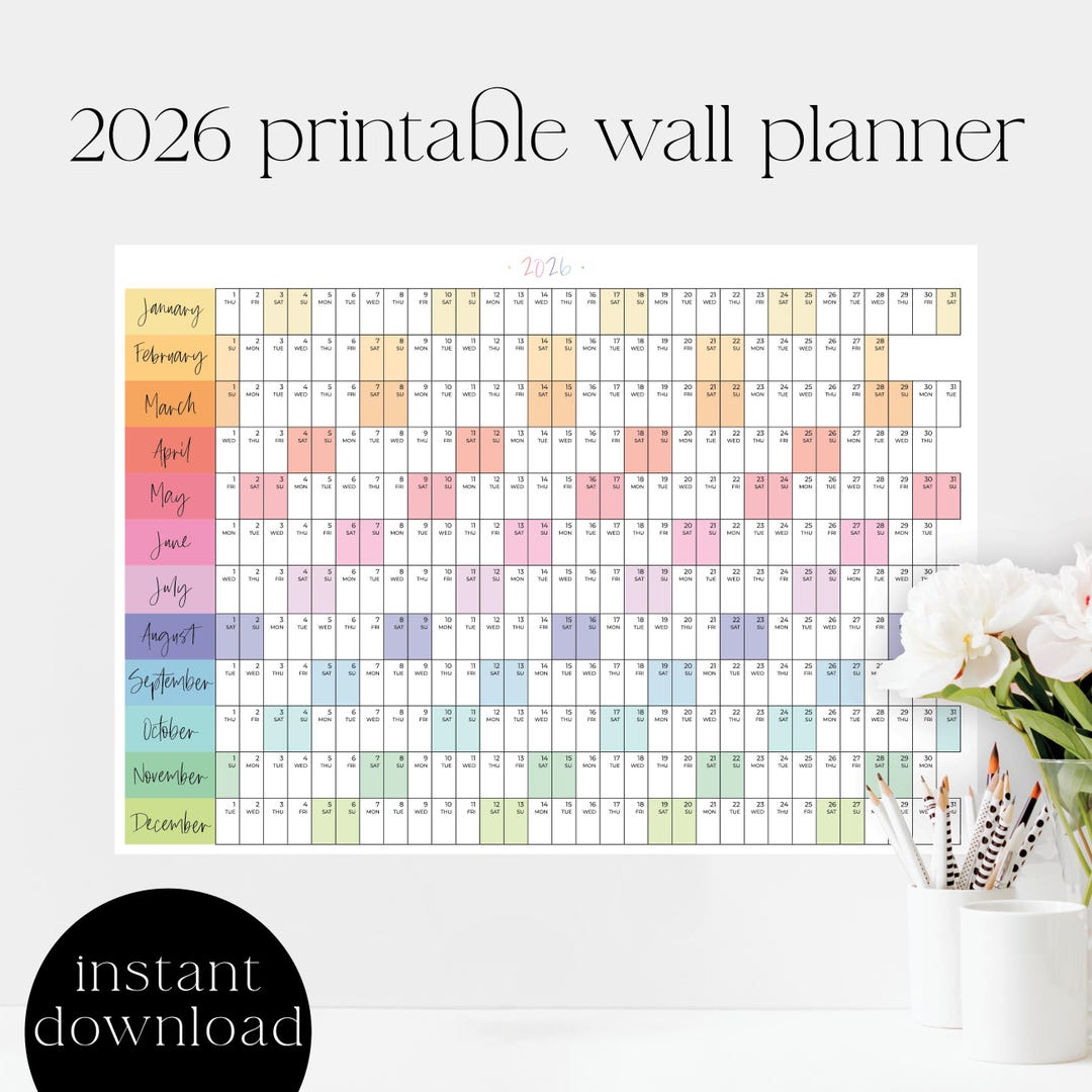 2026 Wall Planner Printable Calendar, Rainbow, School Calendar, Linear ...