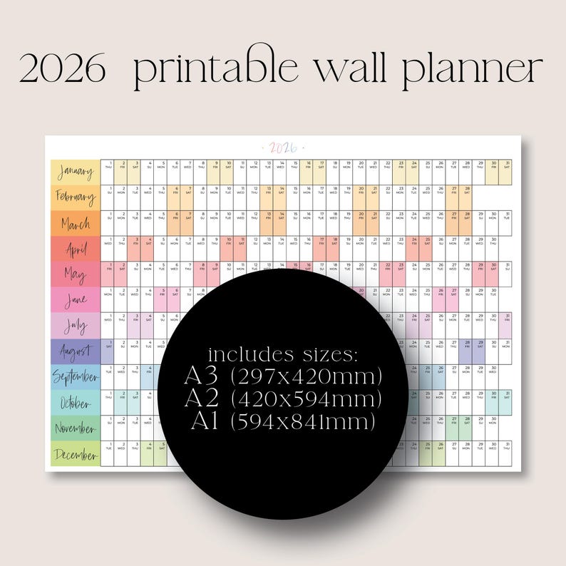 2026 Wall Planner, Printable Calendar, Rainbow, Family Calendar ...