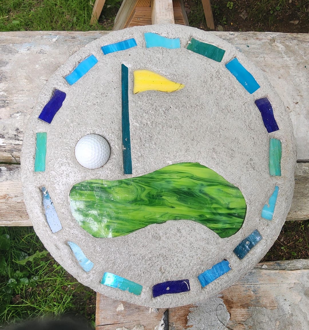Golf Green Stepping Stone, 14", Solid Concrete, Stained Glass Inlay ...