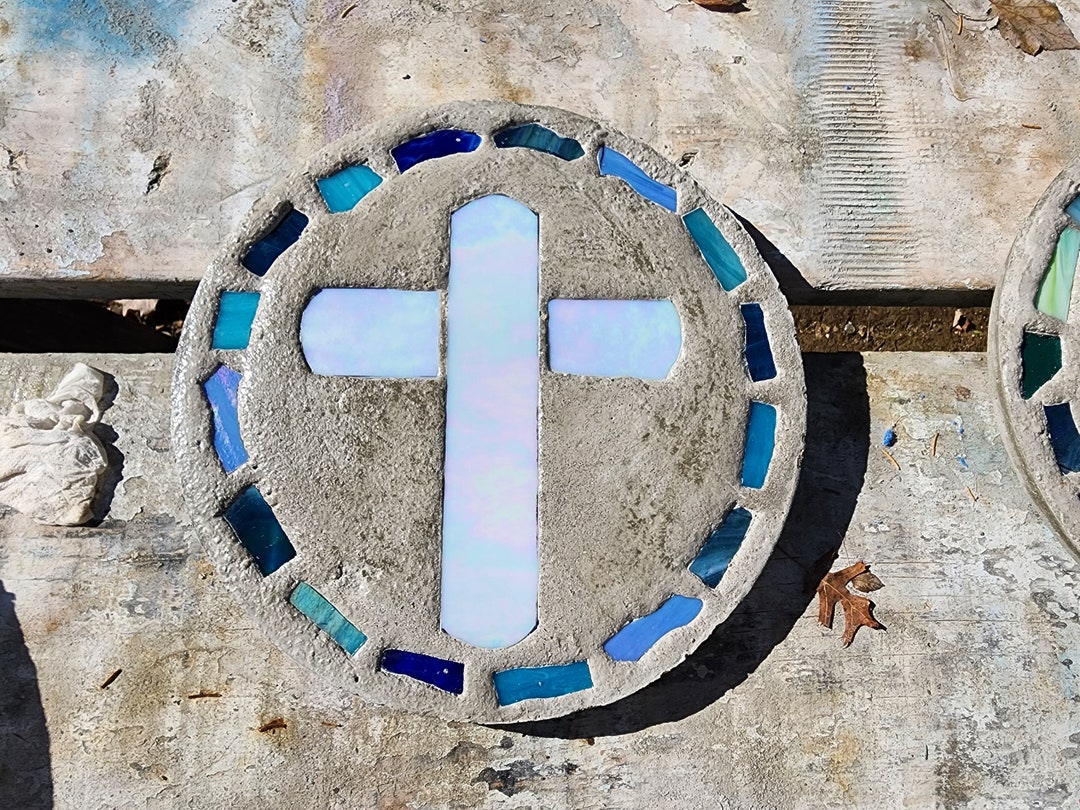 Cross Stepping Stone, 14, Solid Concrete, Stained Glass Inlay, Fun and ...
