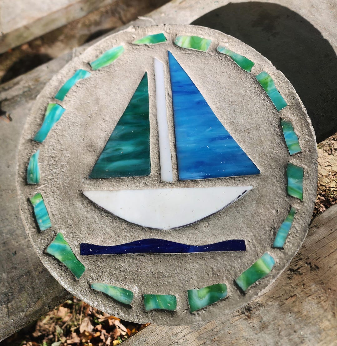 Boat Sail Boat Stepping Stone, 14", Solid Concrete, Stained Glass Inlay ...