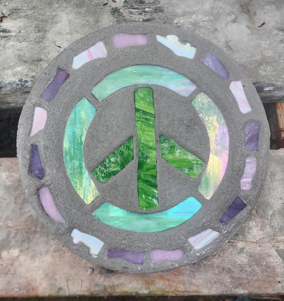 PEACE Stepping Stone, 14", Solid Concrete, Stained Glass Inlay, Fun and ...