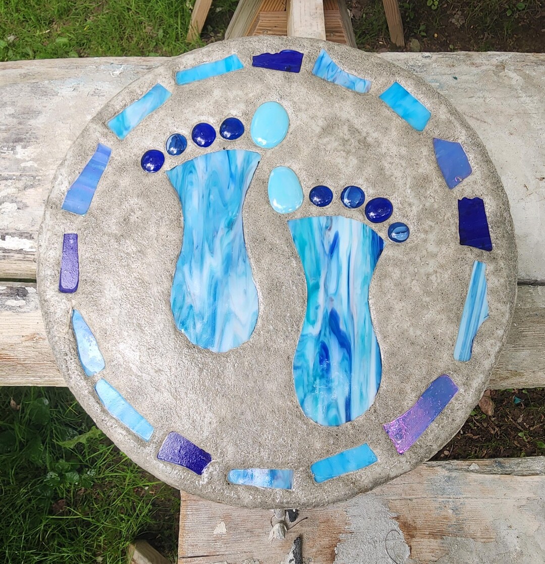 Feet Stepping Stone, 14", Solid Concrete, Stained Glass Inlay, Fun and ...