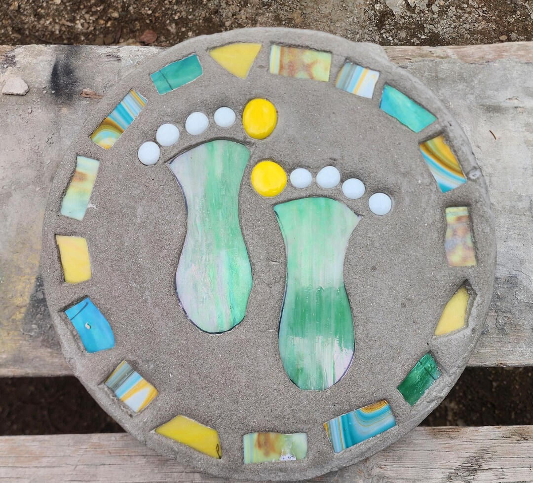 Feet Stepping Stone, 14", Solid Concrete, Stained Glass Inlay, Fun and ...